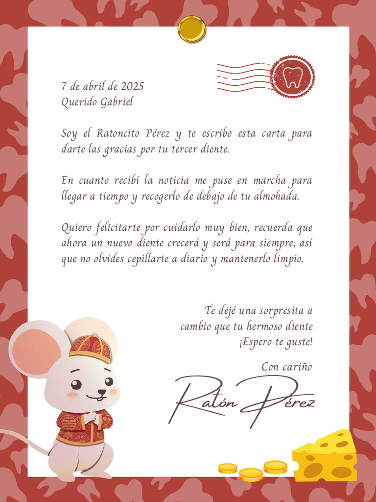 Documento A4 Carta Del Raton Perez Ilustrado Rojo PDF | PDF