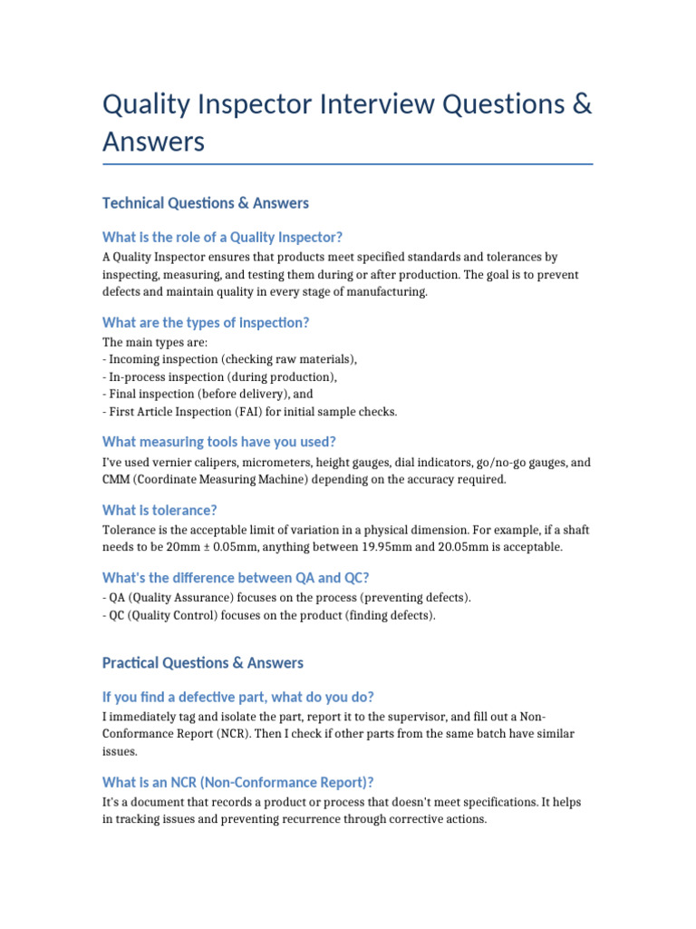 Quality Inspector Interview QA | PDF | Quality Assurance | Engineering Tolerance