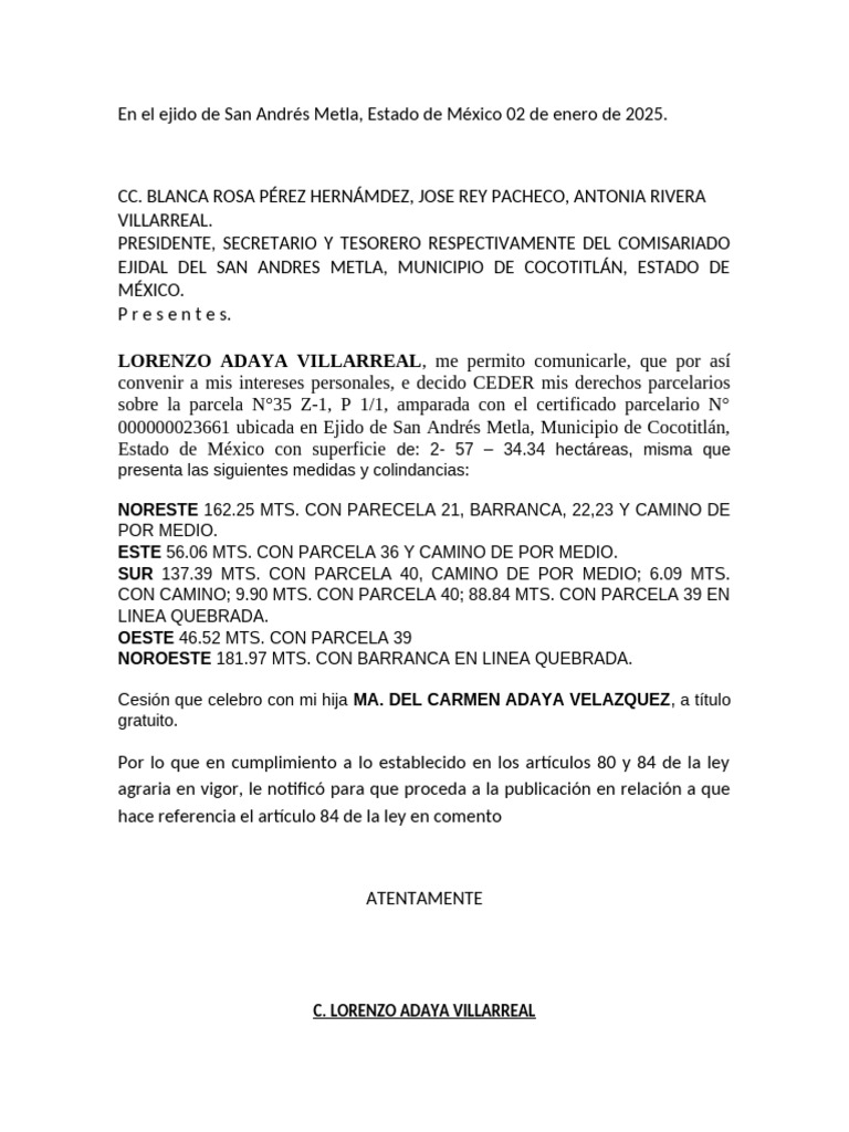 Aviso Al Comisariado Ejidal ANTONIO | PDF