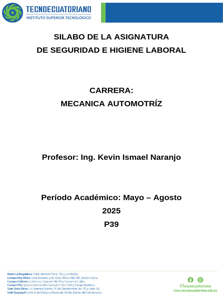 Seguridad e Higiene Laboral Silabo Kevin Ismael Naranjo Ma | PDF ...