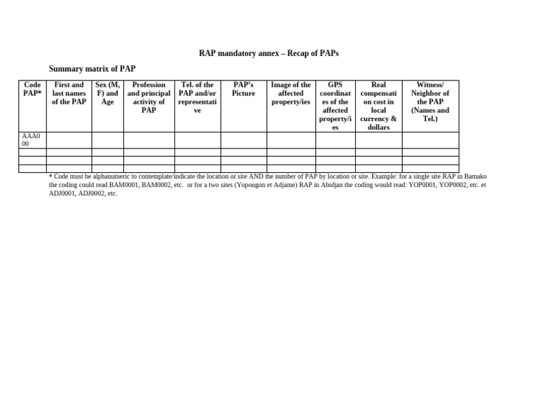 PAP Summary Matrix for RAP Compliance | PDF