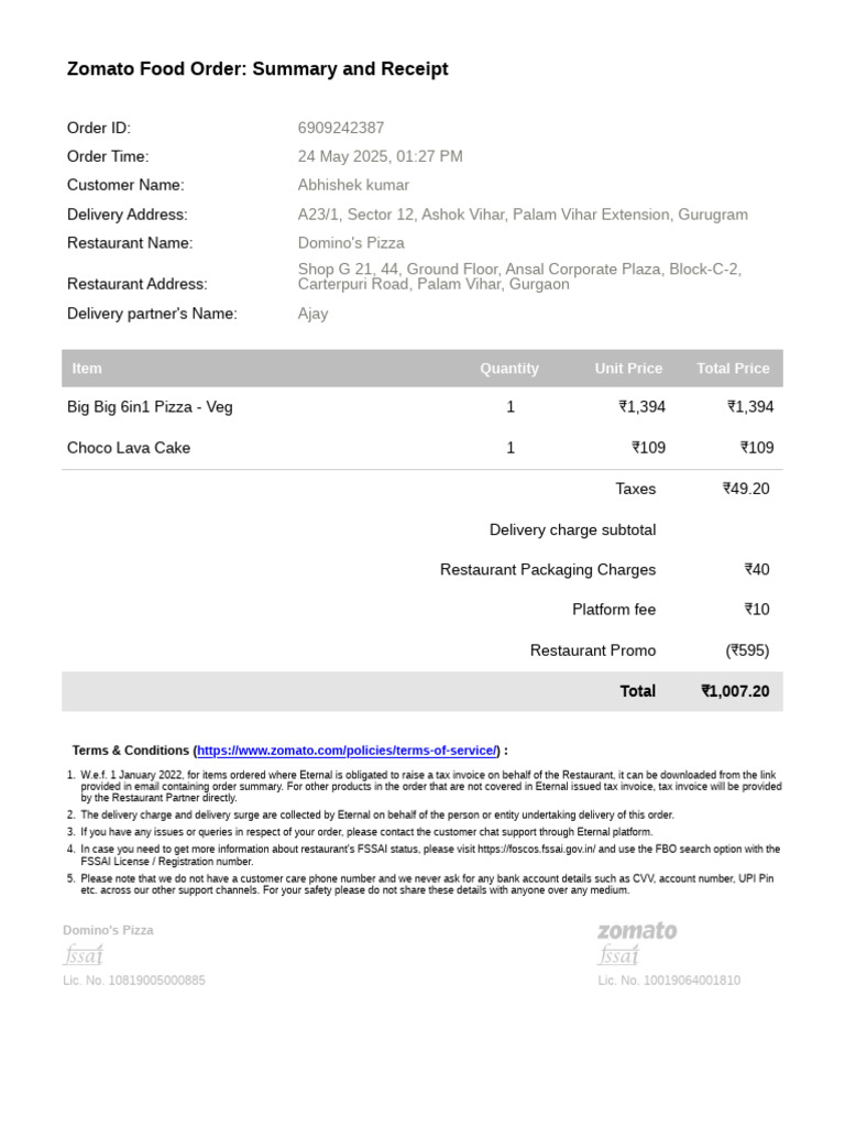 Zomato Order Summary for Domino's Pizza | PDF | Business