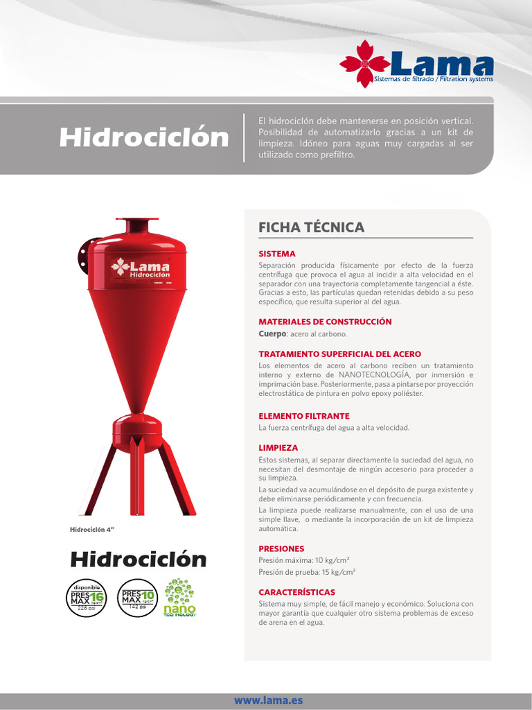 Hidrociclón Lama: Filtración Eficiente | PDF | Agua | Acero