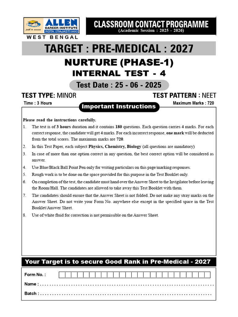 Nurture (Phase-1) : Internal Test - 4 | PDF | Acceleration | Velocity