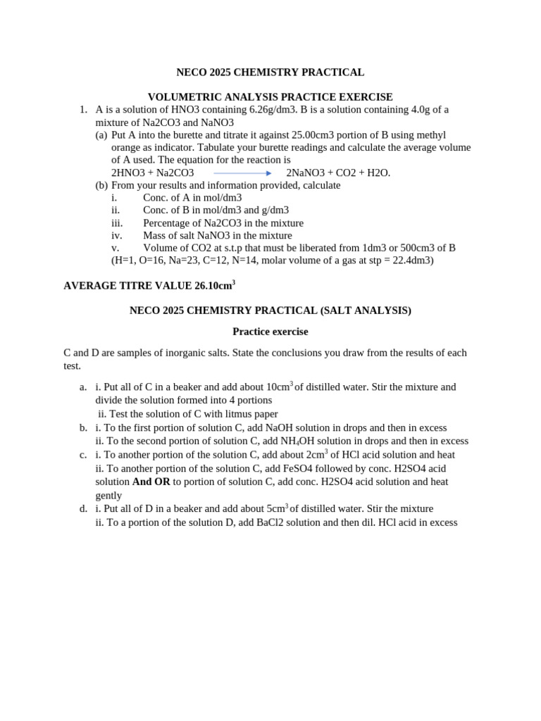 NECO 2025 Chemistry Practical Practice Exercises | PDF