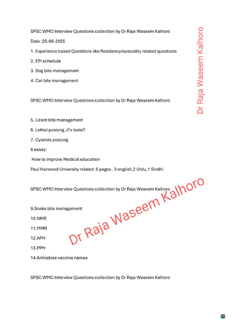 Dr Raja Waseem^JSPSC WMO Interview Questions 2025 (1) | PDF