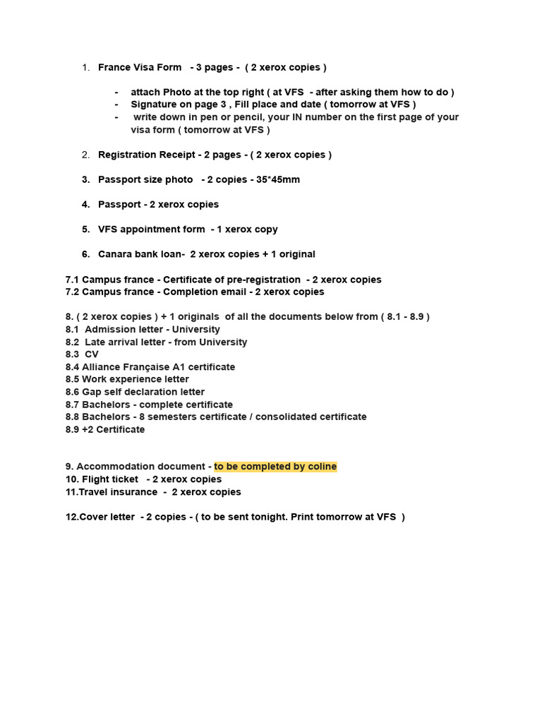 France Visa Document Checklist VFS | PDF