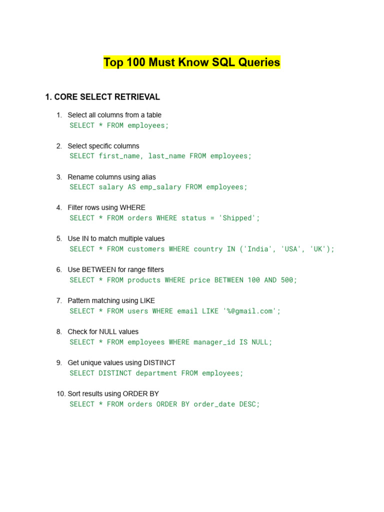Top 100 Must Know SQL Queries | PDF | Data Management Software | Databases