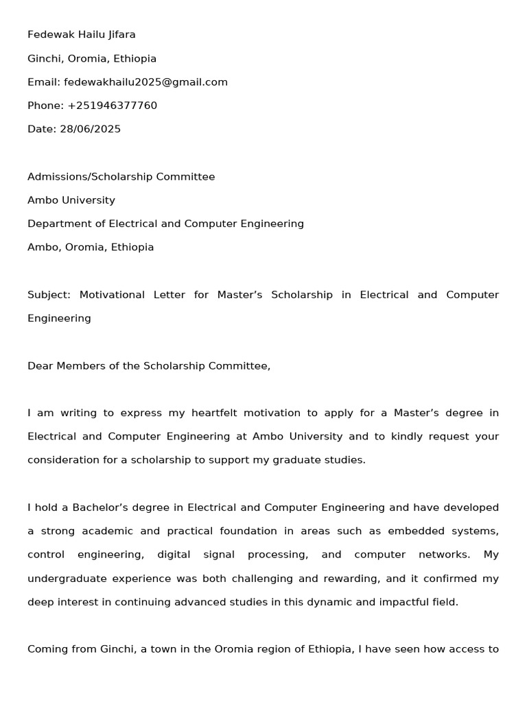 Motivational Letter Fedewak Hailu Jifara | PDF | Computer Engineering ...