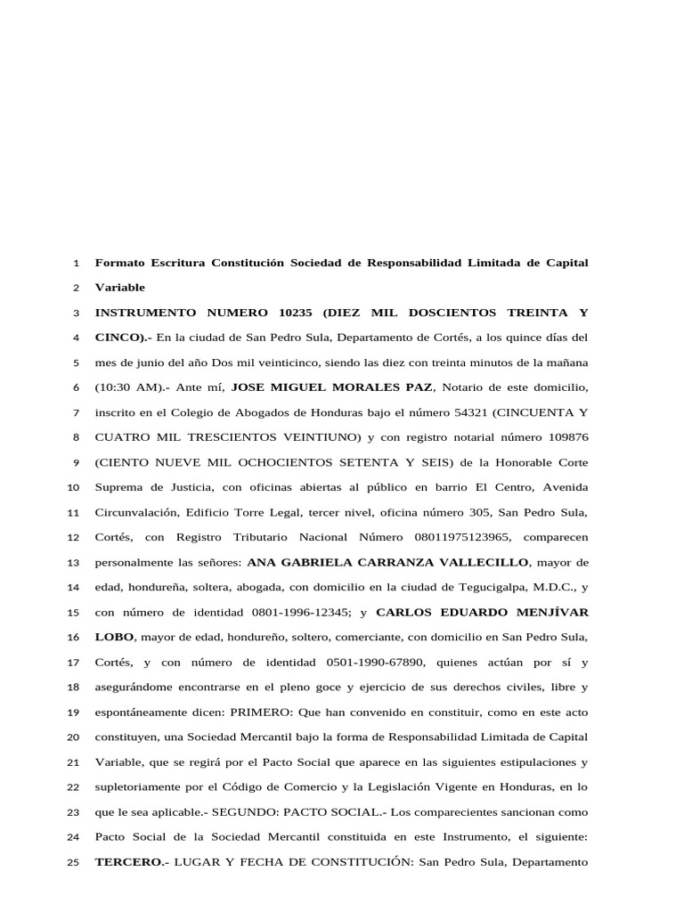 Formato Escritura Constitucion Sociedad de Responsabilidad Limitada de Capital Variable | PDF ...