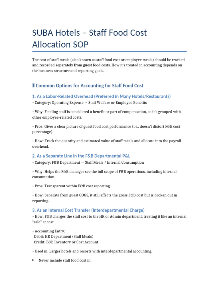 SUBA Staff Food Allocation SOP | PDF | Cost | Income Statement