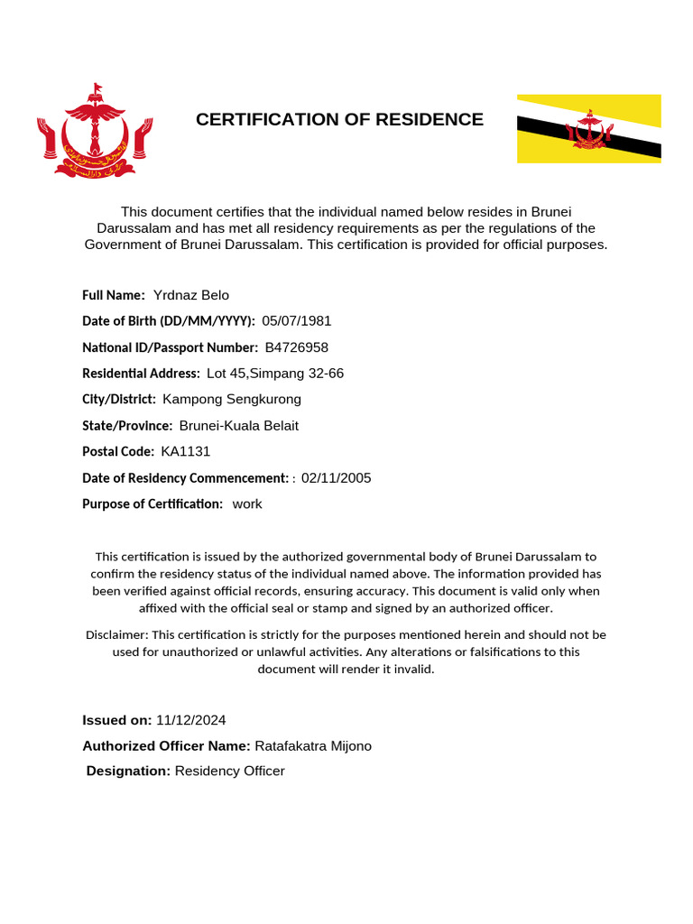 Certification of Residence | PDF