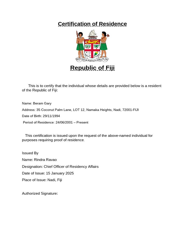 Certification of Residence | PDF