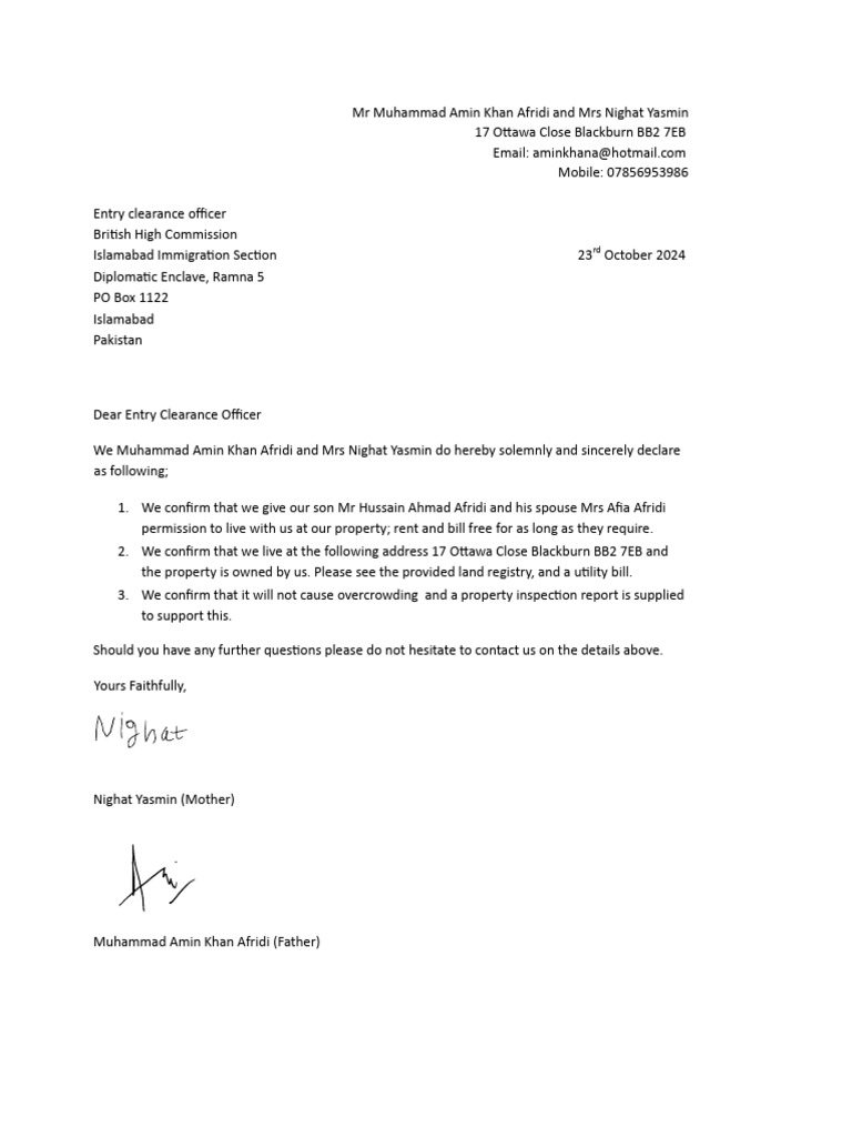 Accomodation Letter (From Parents) | PDF