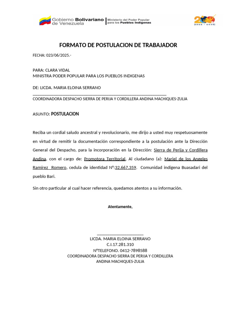 Formato de Postulacion de Trabajador Mariel Ramirez2025 | PDF