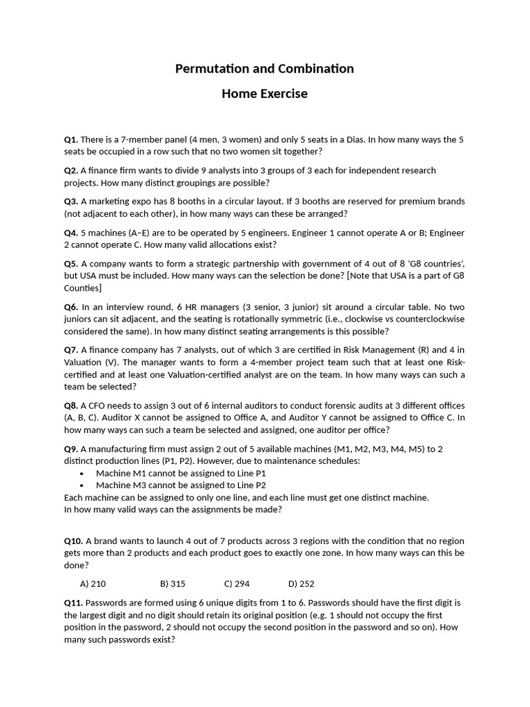 Permutation and Combination Home Exercise | PDF | Mentorship | Business