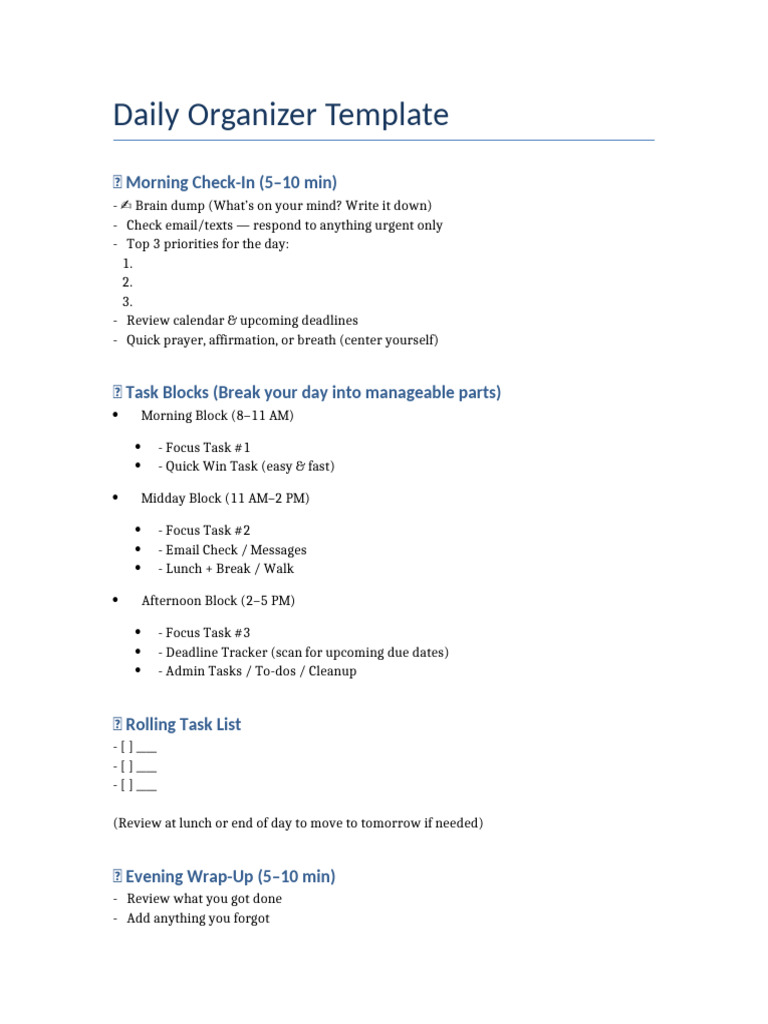Daily Organizer Template for Productivity | PDF