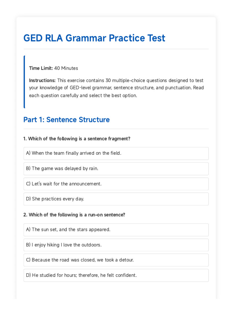 GED RLA Grammar Practice (40 Minutes) | PDF | Comma | Punctuation