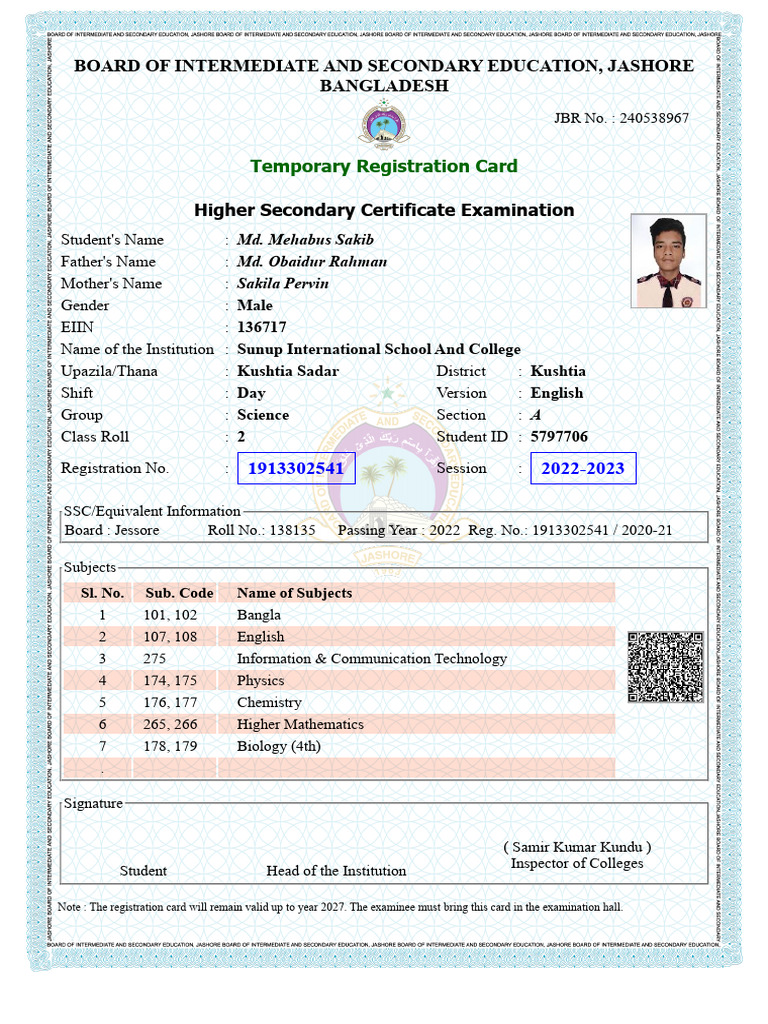 Jashore HSC Temporary Registration Card | PDF