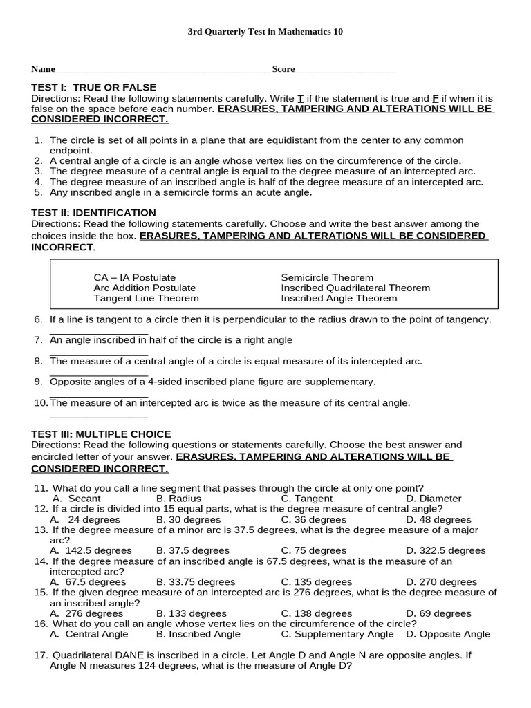 Math 10 Quarterly Test: Circles & Angles | PDF | Circle | Angle