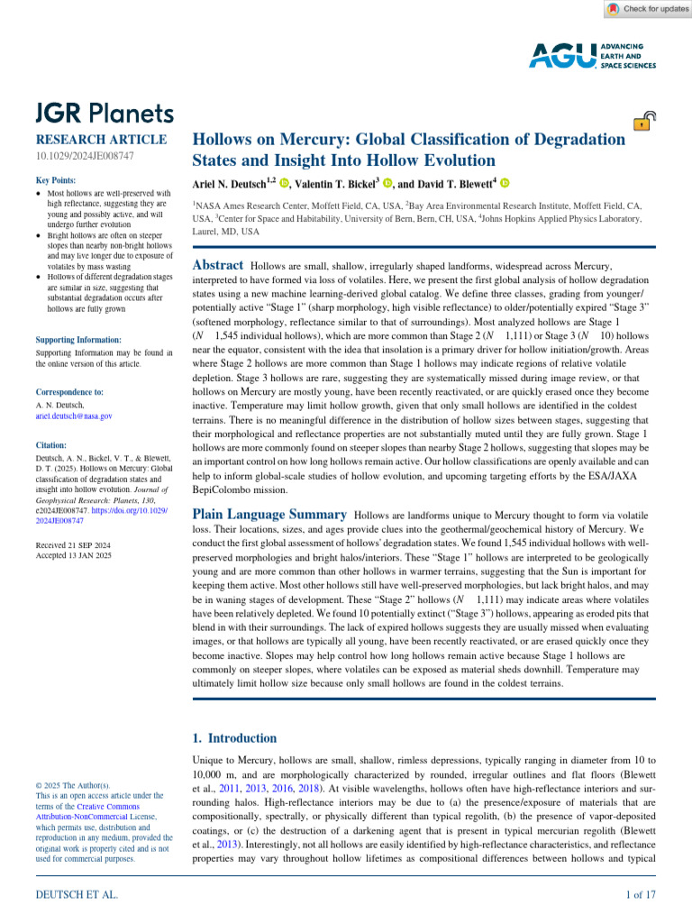 JGR Planets - 2025 - Deutsch - Hollows On Mercury Global Classification ...