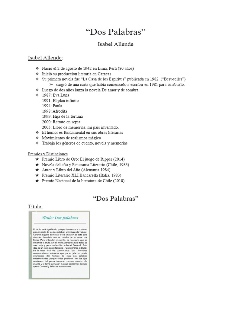 Análisis de "Dos Palabras" de Allende | PDF