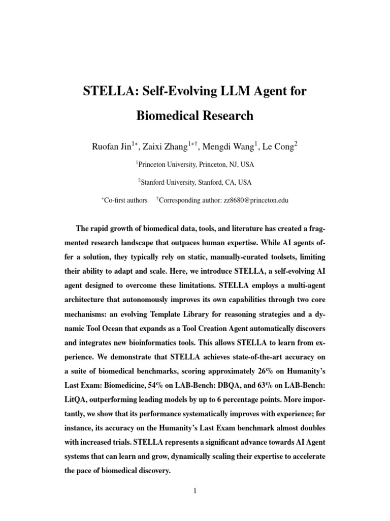 STELLA: Self-Evolving LLM Agent For Biomedical Research: Ruofan Jin ...