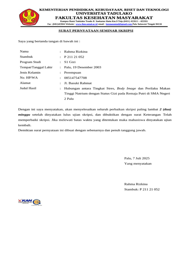 Lembar Pernyataan Ujian Hasil Rahma | PDF