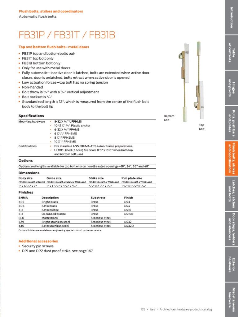 Ives Automatic Flush Bolts FB31-FB41 Data | PDF