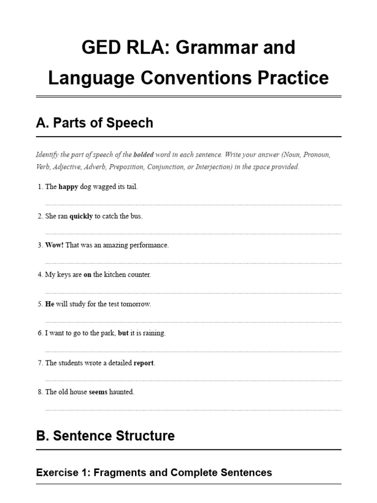 GED RLA - Grammar and Language Conventions Practice | PDF | Verb | Part ...