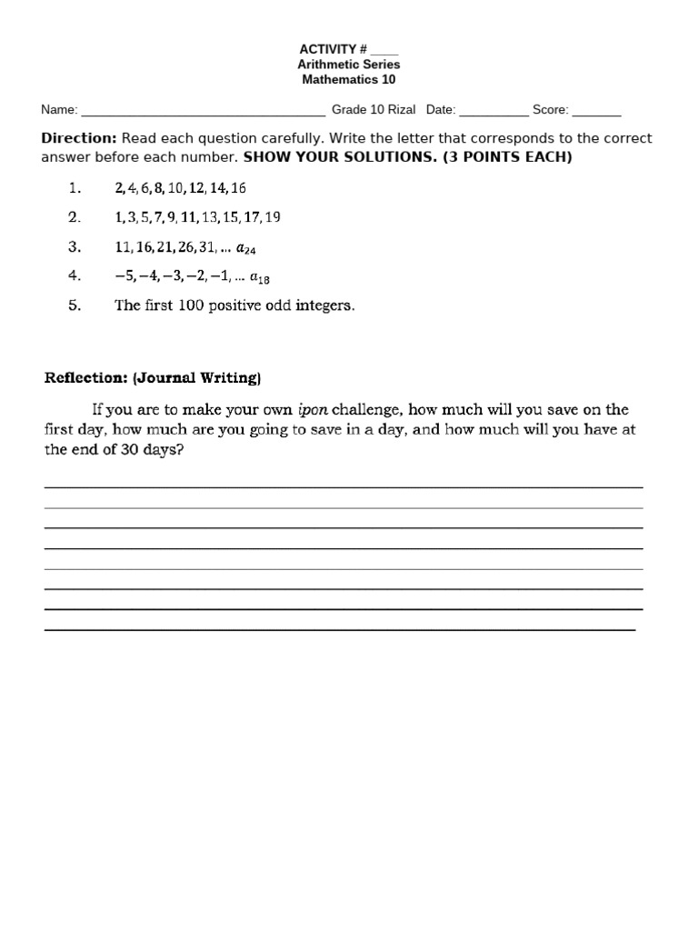 Grade 10 - Activity - Arithmetic Series | PDF