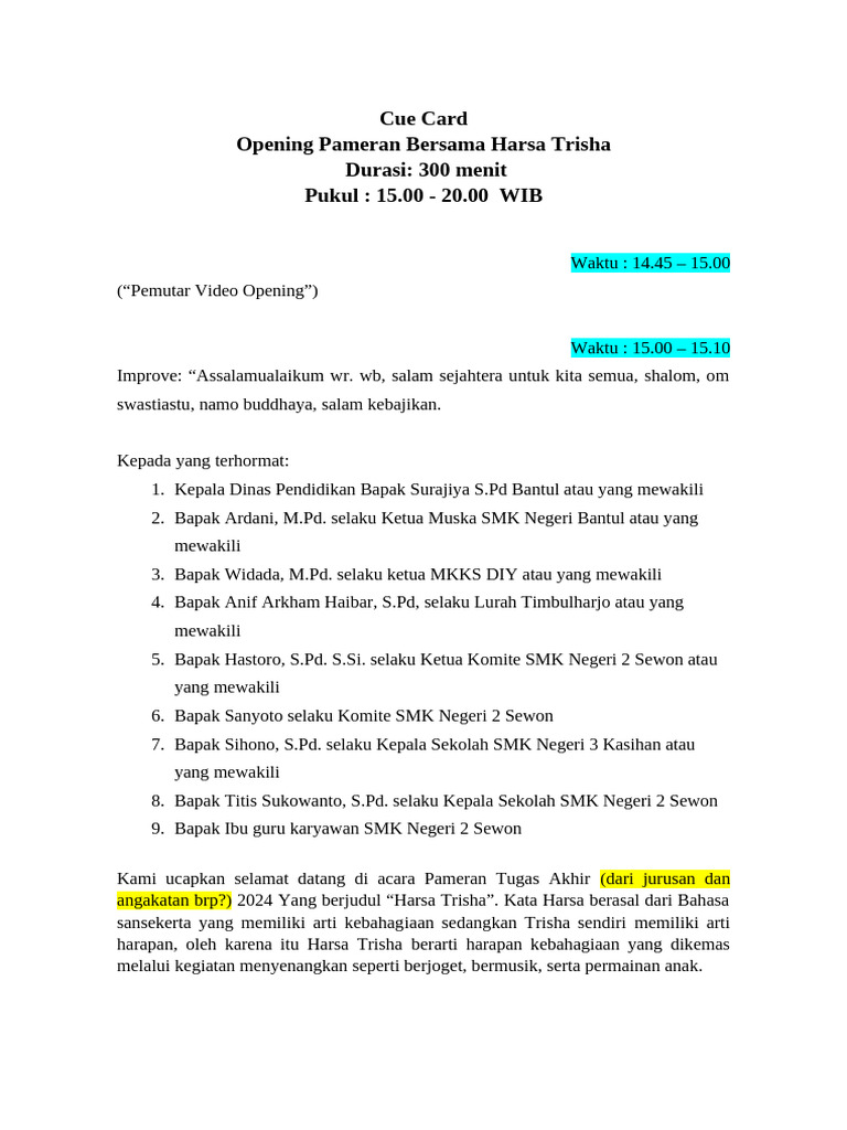 Teks MC Pameran SMKN 2 SEWON 2024 Draft Revisi | PDF