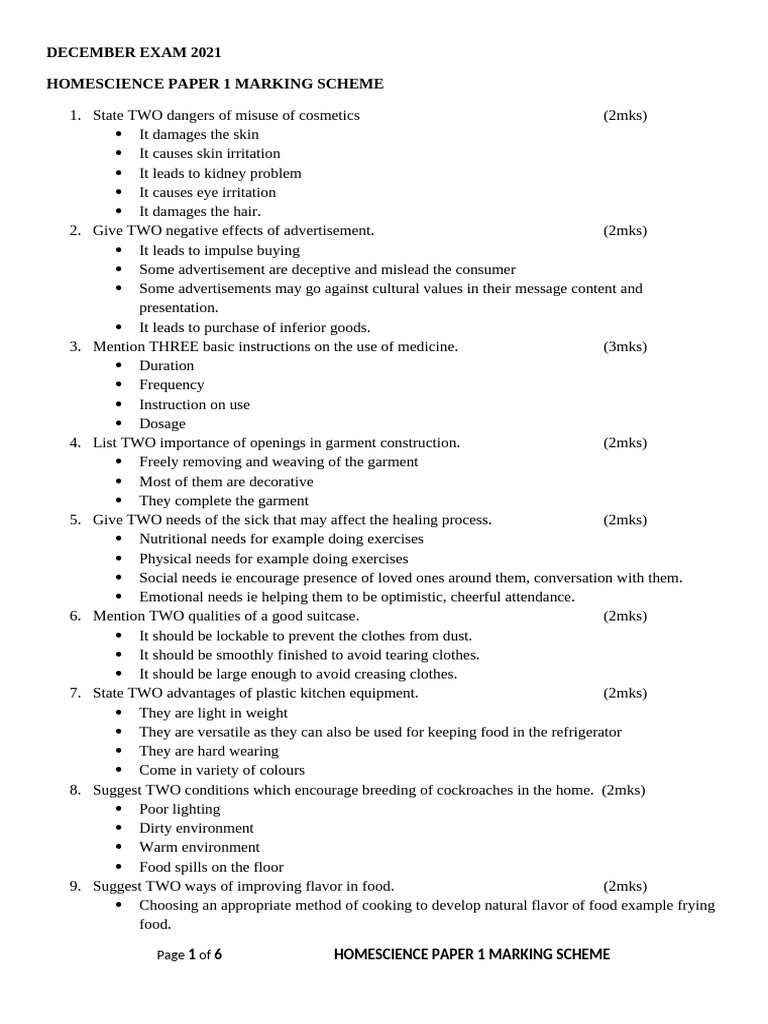 Homescience Pp1 Marking Scheme | PDF | Cooking | Clothing