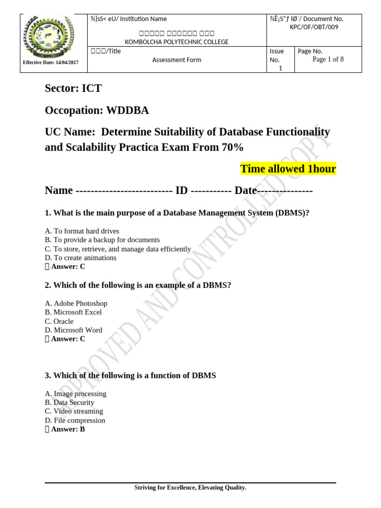 KPC of OBT 009 Assessment Form | PDF
