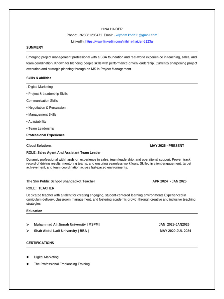 Hina Haider: Project Management Profile | PDF