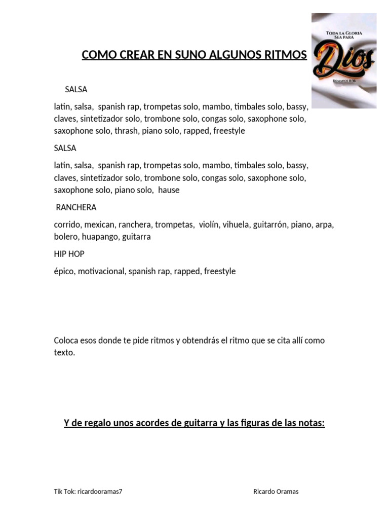 ACORDES, NOTAS MUSICALES Y Programas Ritmos en Suno | PDF