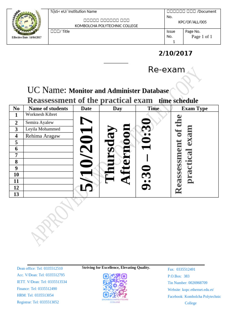 KPC-Of-ALL-005 - Re Exam Schedule Monitor and Adminster Database | PDF