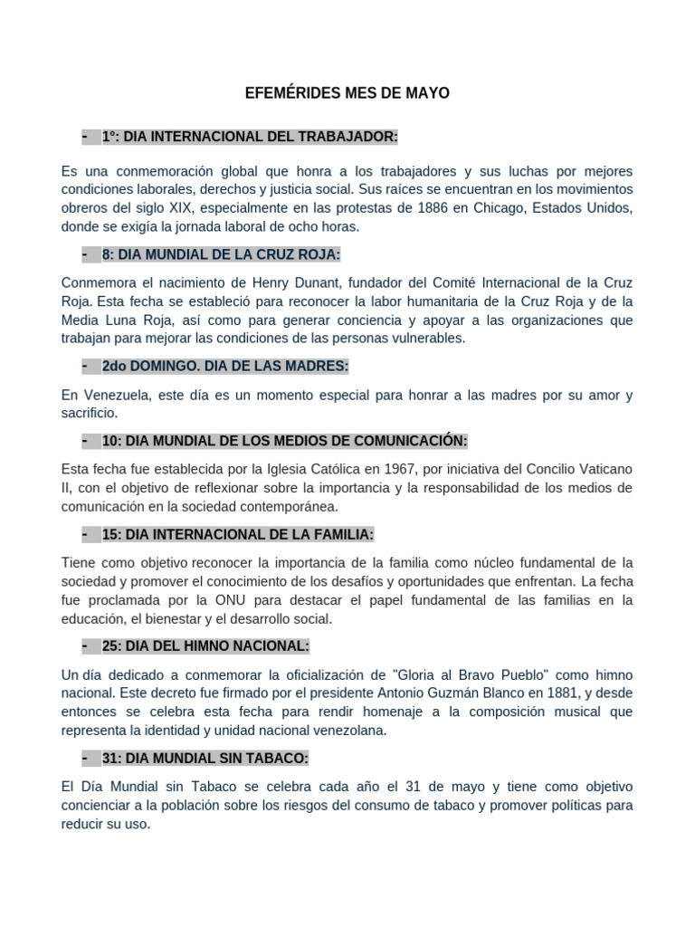 Efemérides de Mayo en Venezuela | PDF