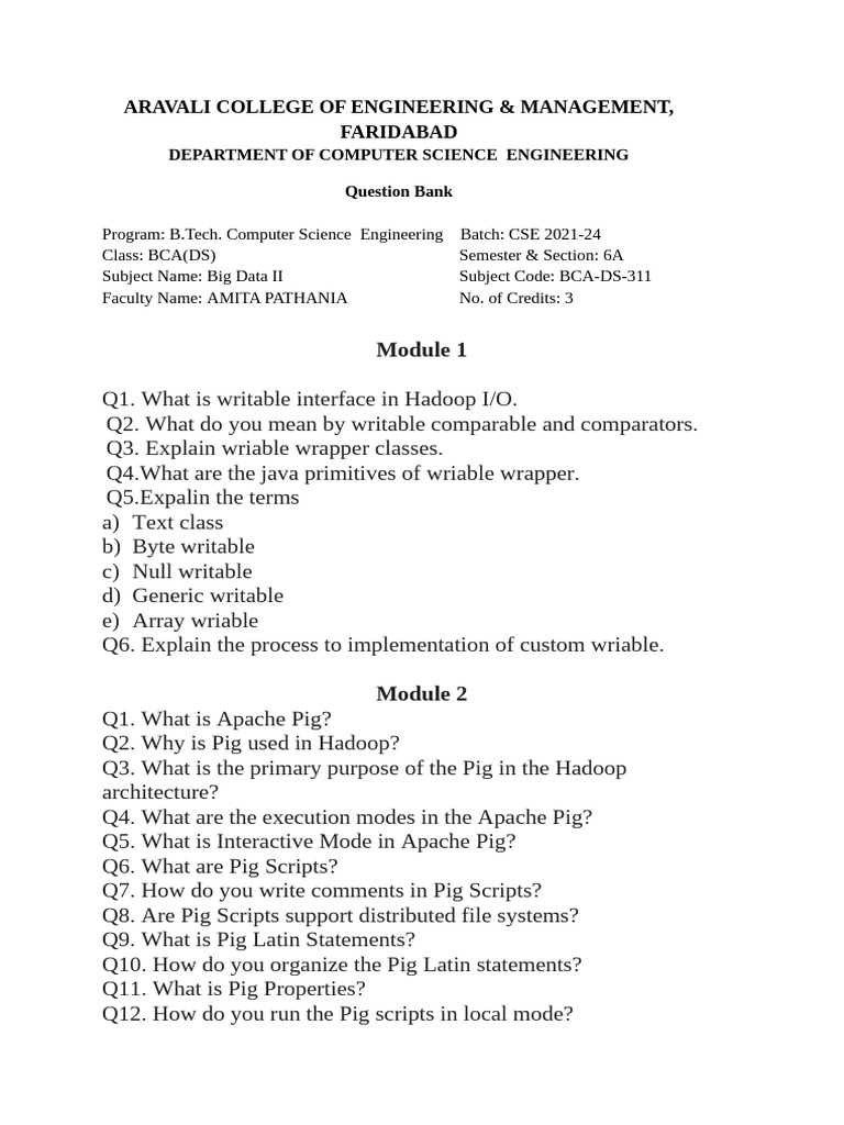 Question Bank Big Data-II | PDF | Apache Hadoop | Apache Spark