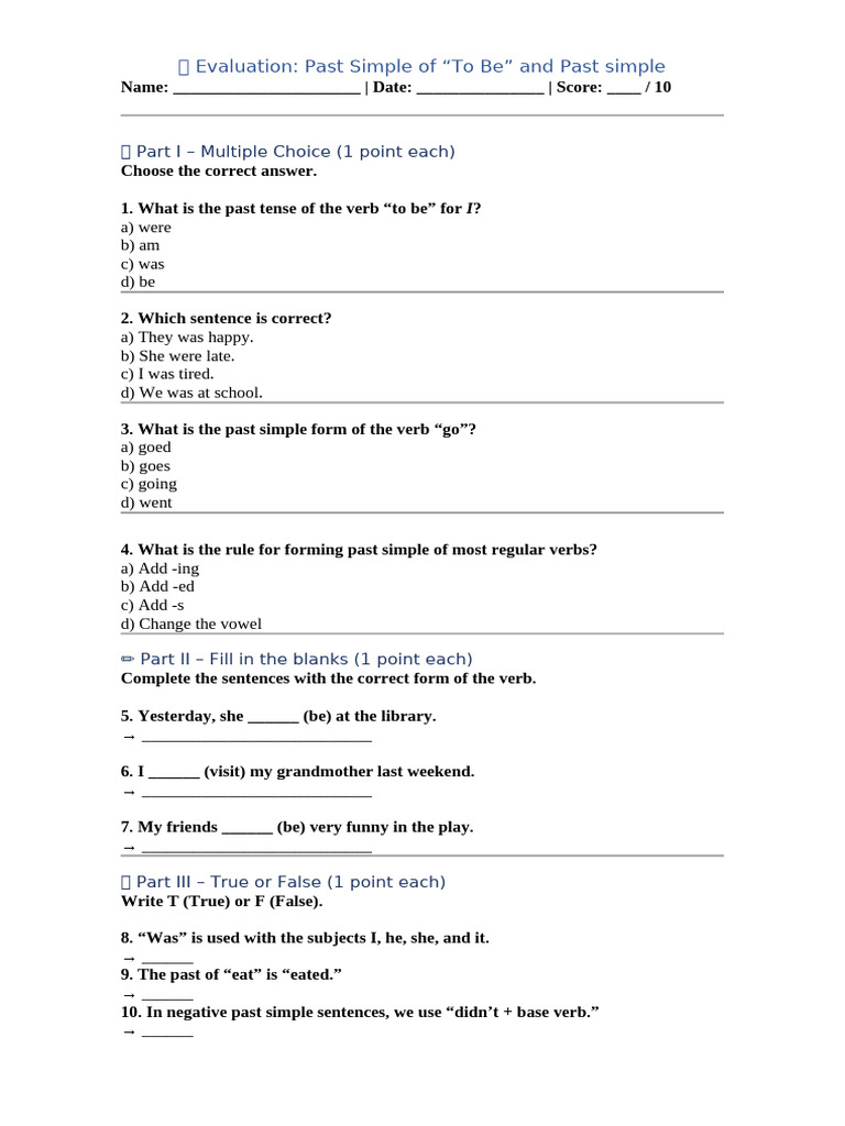 Quiz Past Simple and Past Simple of Be | PDF