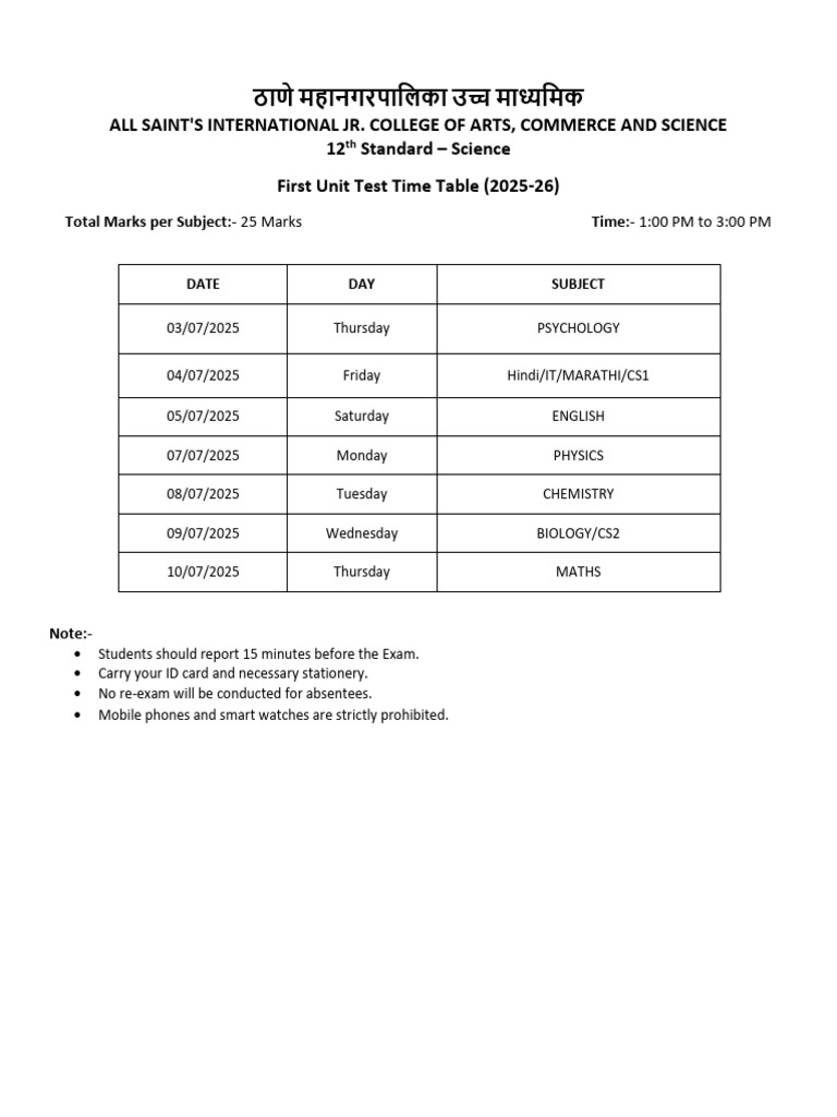 12 Science Time Table 2025-26 | PDF