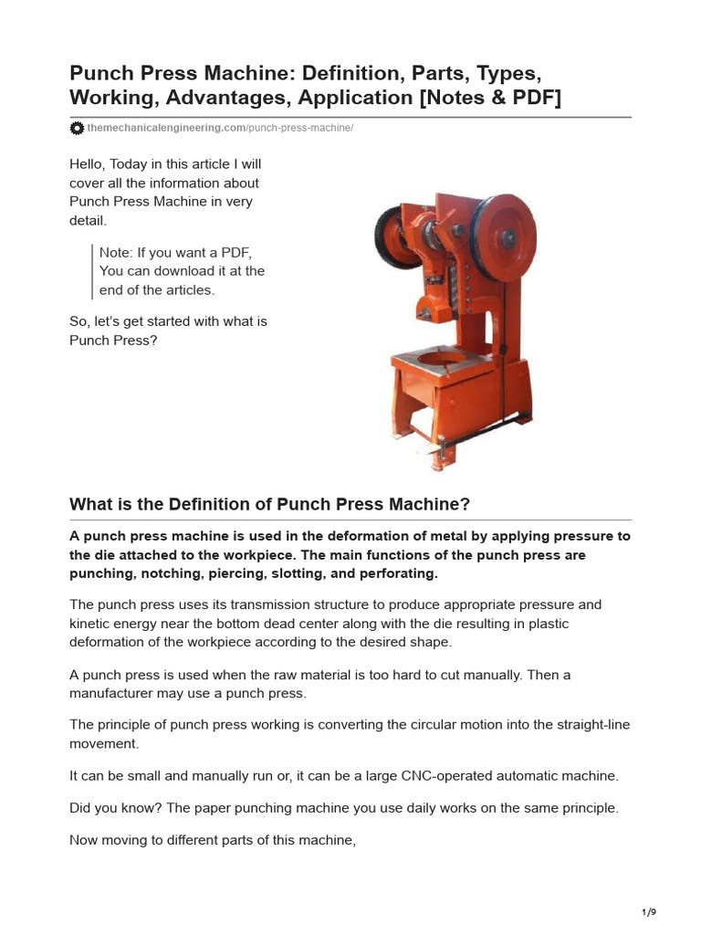 Punch Press Machine Definition Parts Types Working Advantages ...