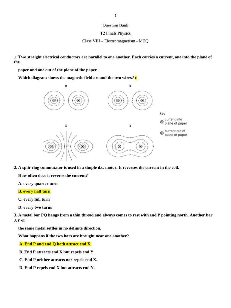 Electromagnetism MCQs for Class VIII | PDF | Magnetic Field | Magnet