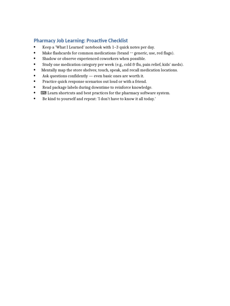Pharmacy Learning Checklist | PDF