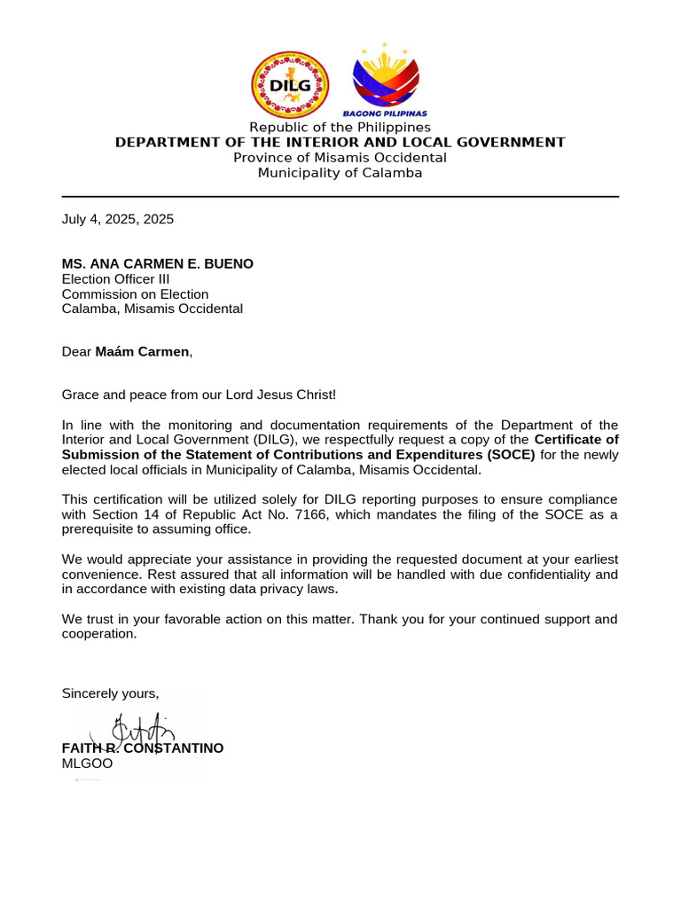 Letter Request SOCE | PDF