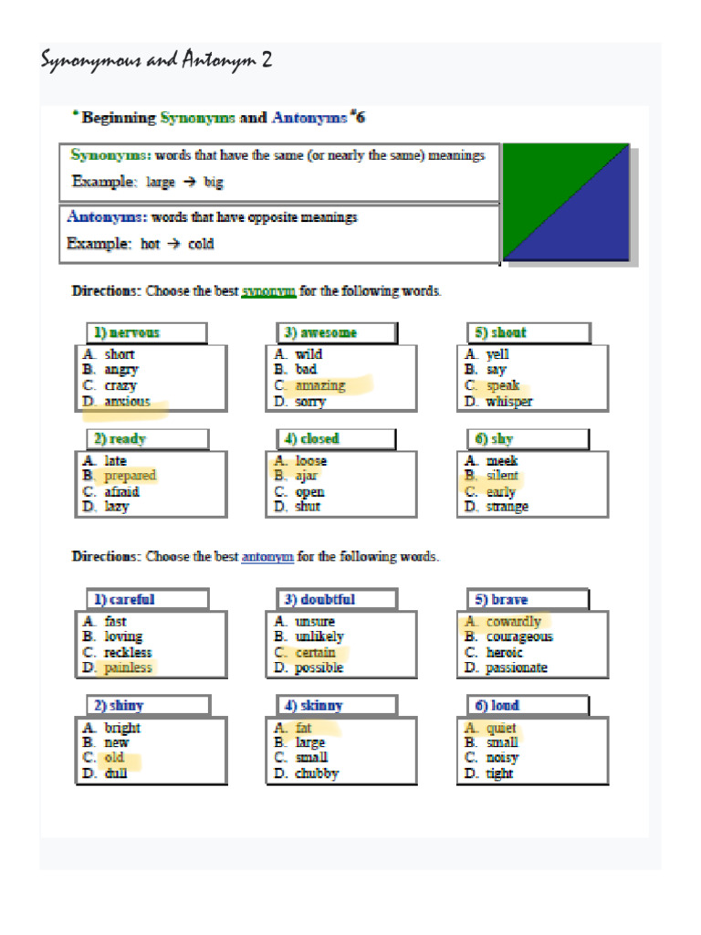Synonymous and Antonym - Practice - 2-3 | PDF