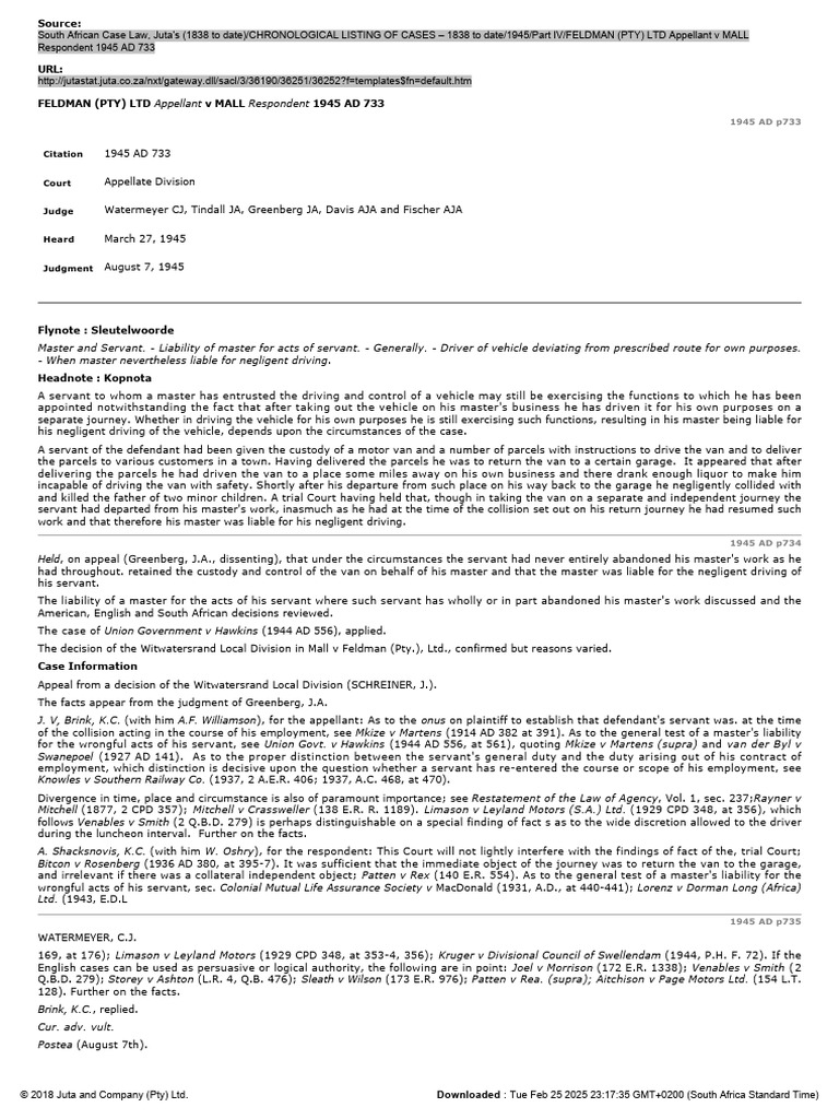Feldman (Pty) LTD Appellant V Mall Respondent 1945 Ad 733 | PDF | Legal Liability | Negligence