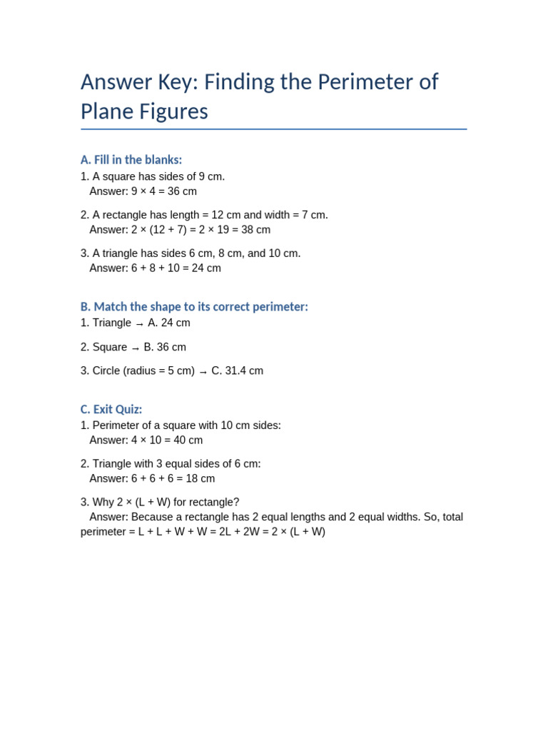 Perimeter Calculation Answer Key | PDF