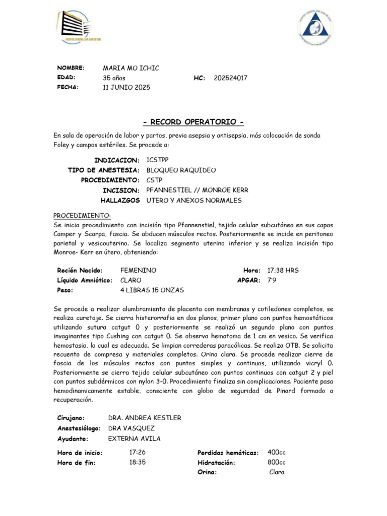 Record Operatorio Dra. Kestler | PDF