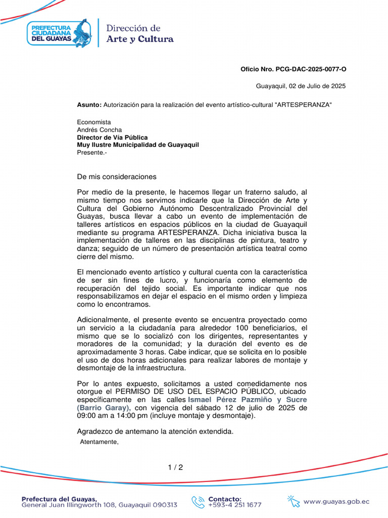 Solicitud Permiso Actividad Cultural Barrio Garay | PDF